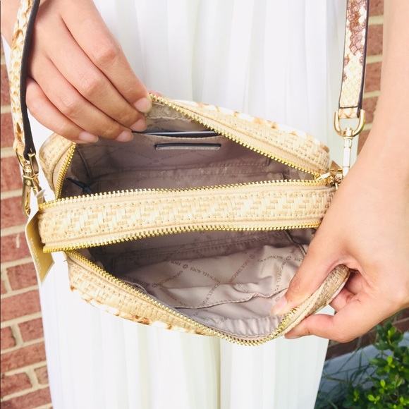 Michael Kors | Bags | Michael Kors Straw Kenly Camera Crossbody Bag ...